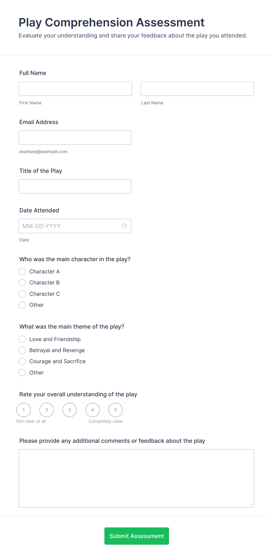 Play Comprehension Assessment Form Template | Jotform