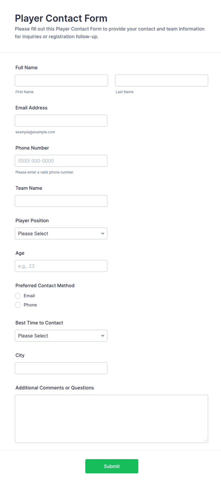 Player Contact Form Template | Jotform