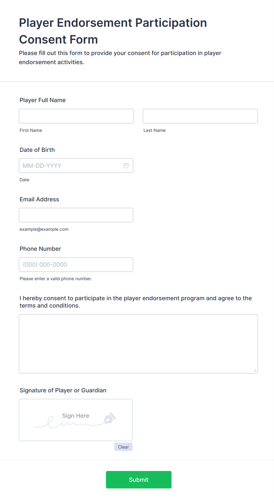 Player Endorsement Participation Consent Form Template | Jotform