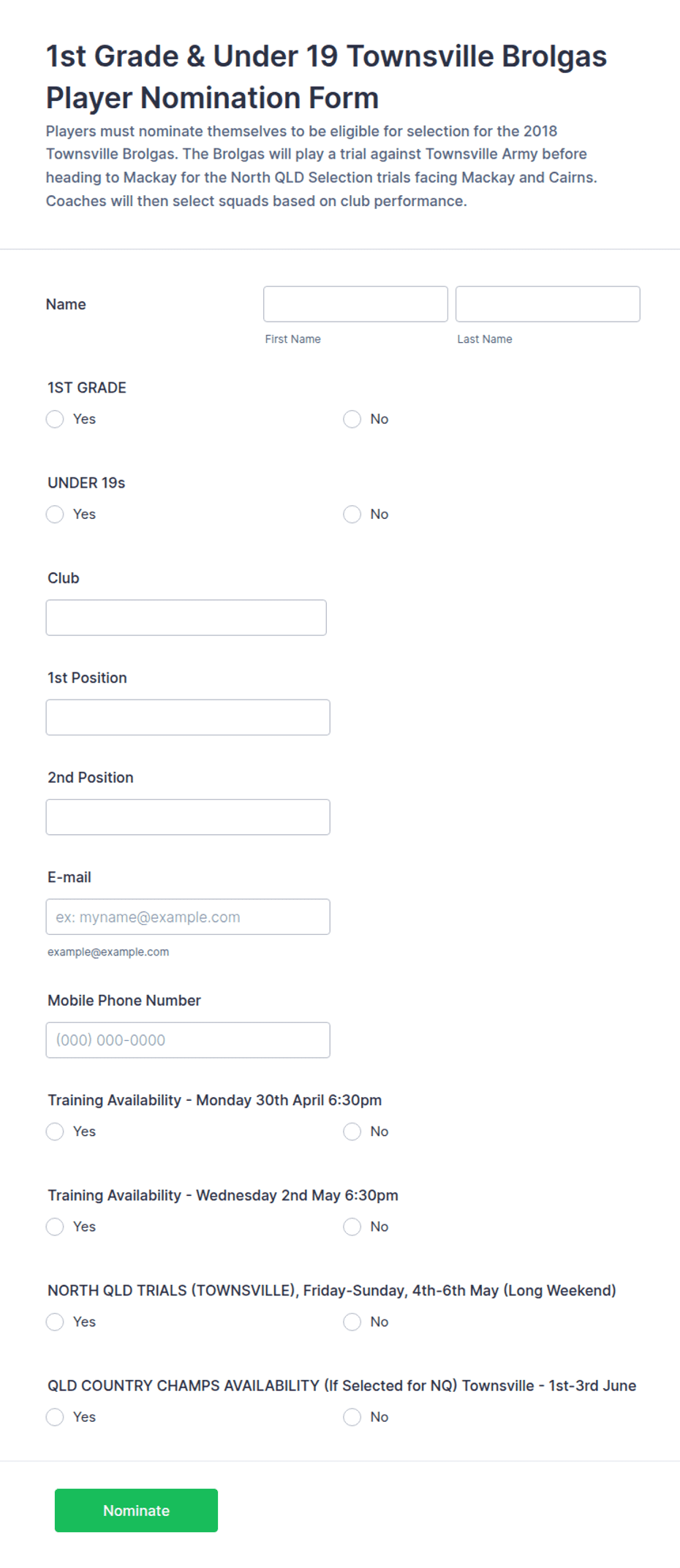 Player Nomination Form Template | Jotform