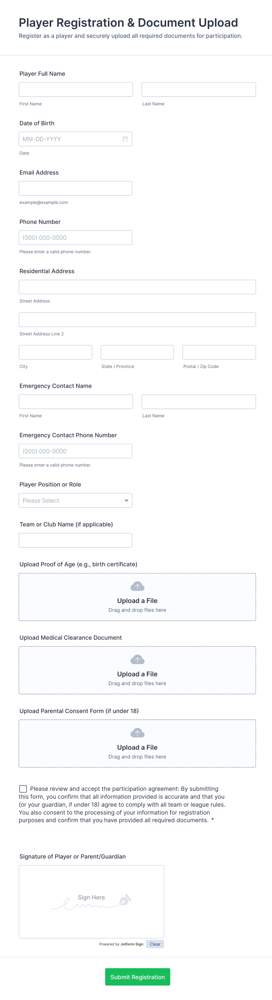 Player Registration & Document Upload Form Template | Jotform