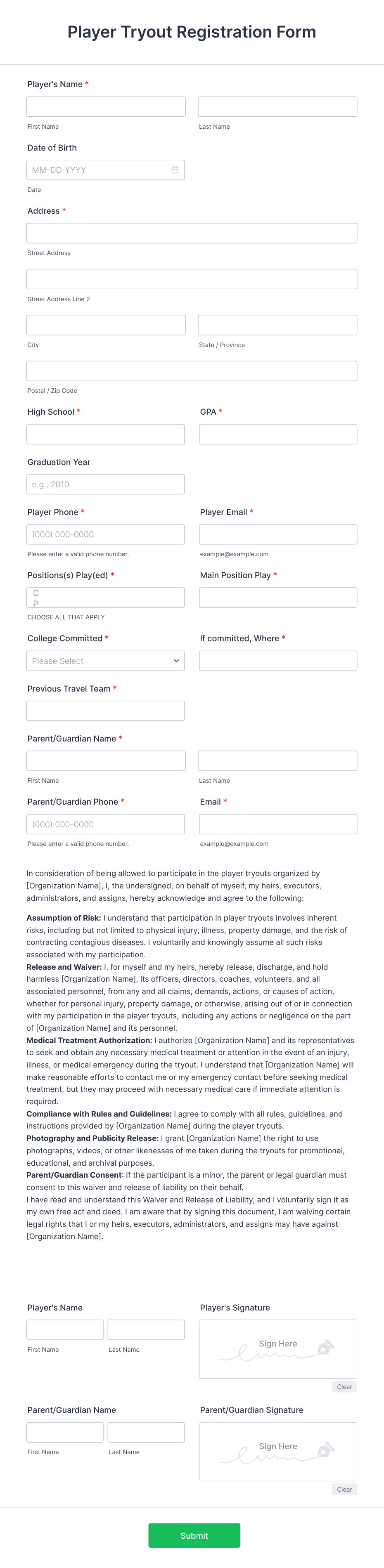 Player Tryout Registration Form Template | Jotform