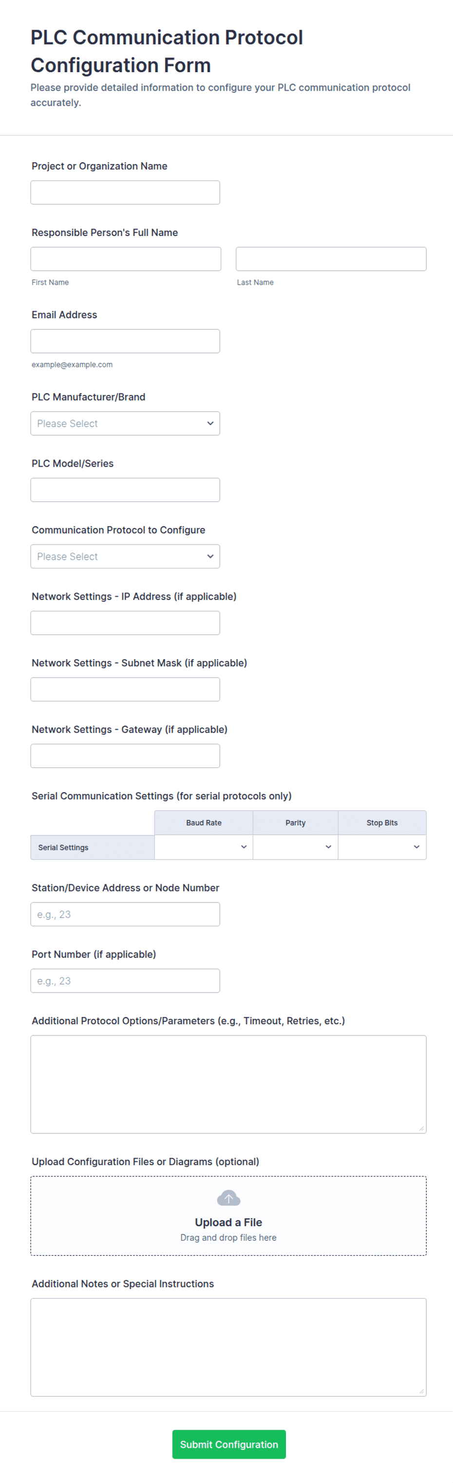 PLC Communication Protocol Configuration Form Template | Jotform