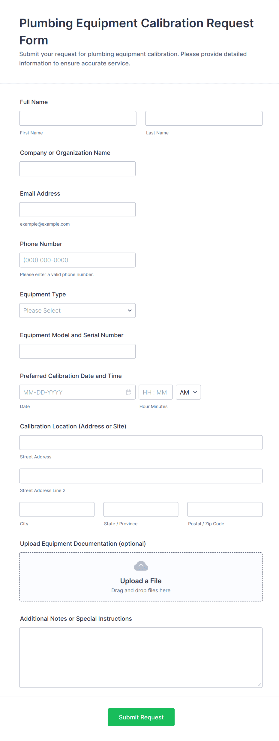 Plumbing Equipment Calibration Request Form Template | Jotform