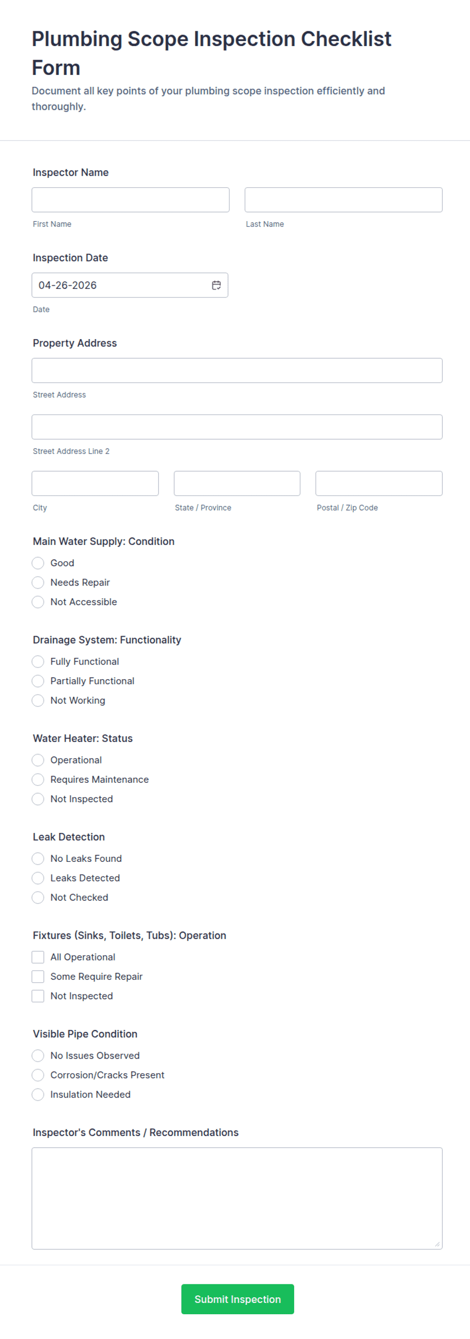 Plumbing Scope Inspection Checklist Form Template | Jotform