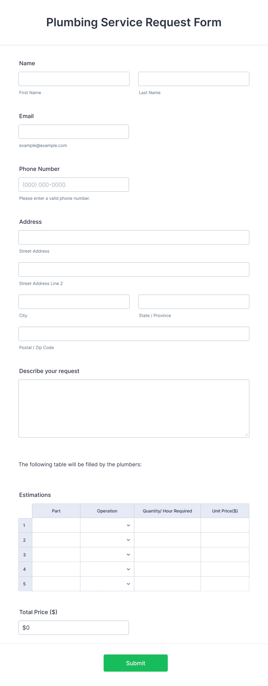 Plumbing Service Request Form Template | Jotform