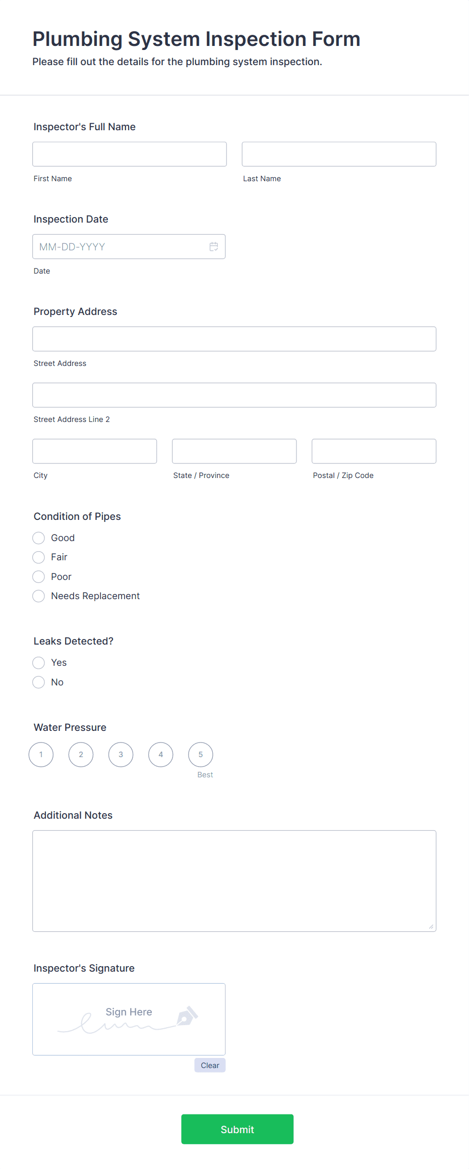 Plumbing System Inspection Form Template | Jotform