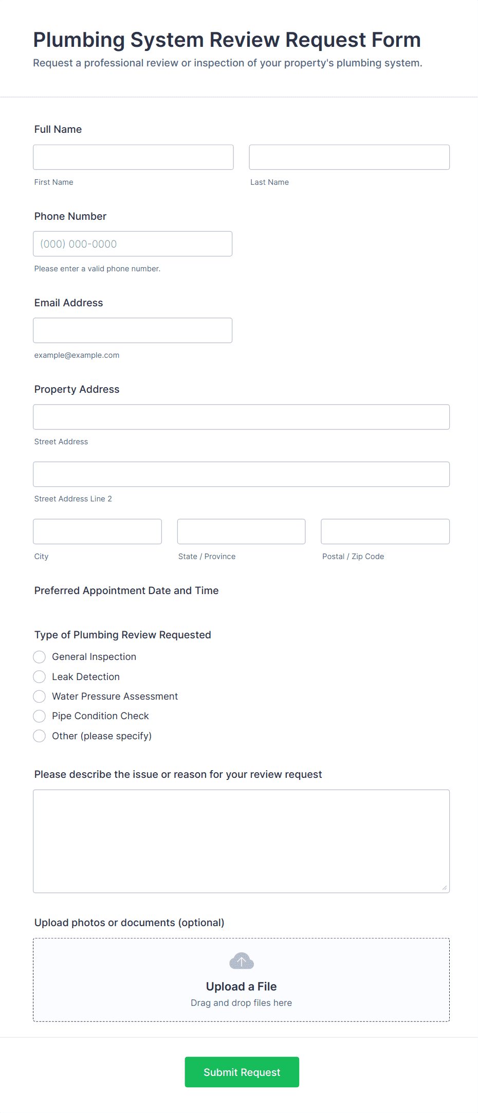 Plumbing System Review Request Form Template | Jotform
