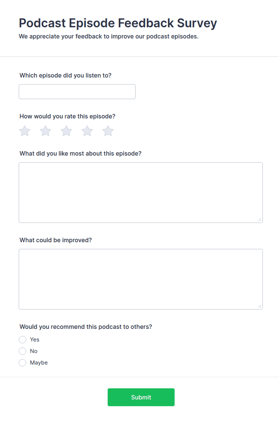 Podcast Episode Feedback Survey Form Template | Jotform