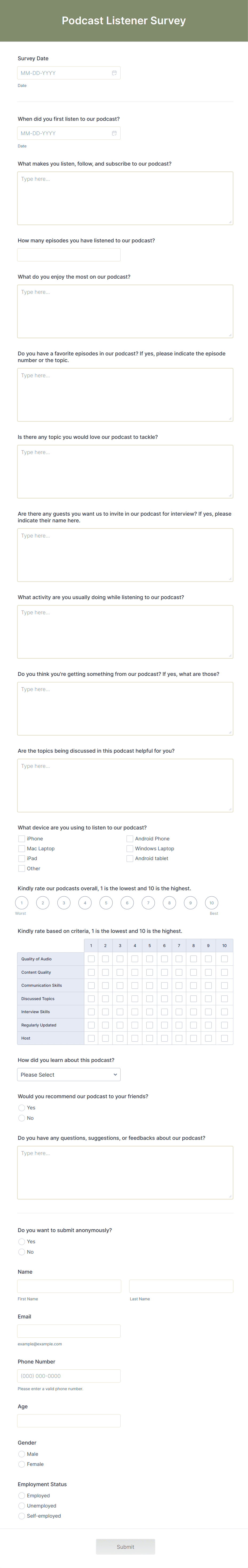 Podcast Listener Survey Form Template | Jotform