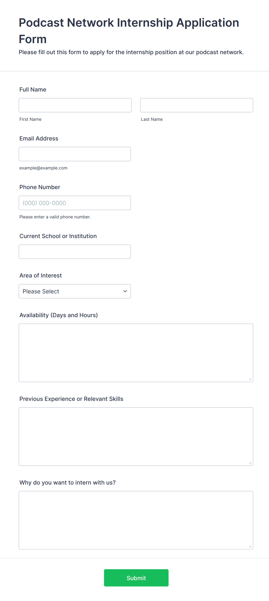 Podcast Network Internship Application Form Template | Jotform