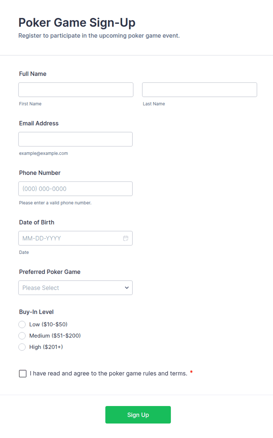 Poker Game Sign-Up Form Template | Jotform