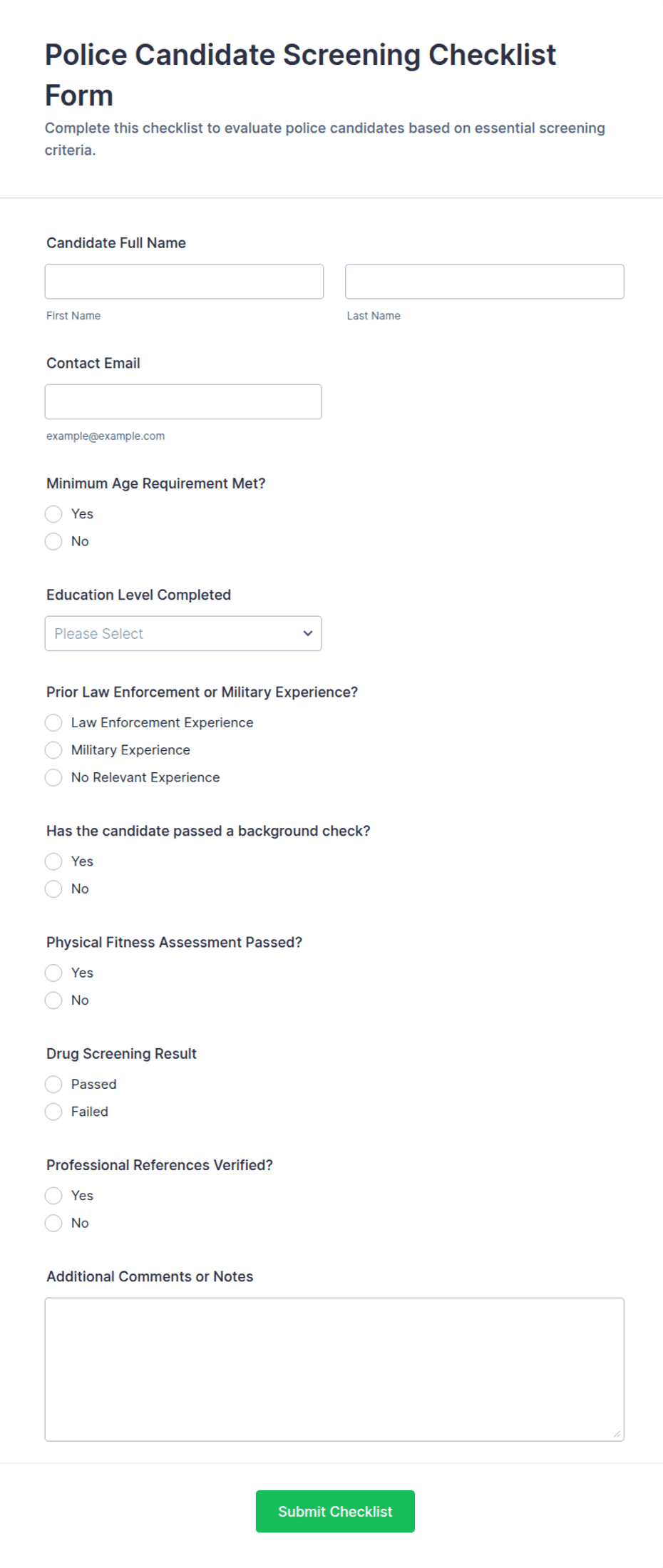 Police Candidate Screening Checklist Form Template | Jotform