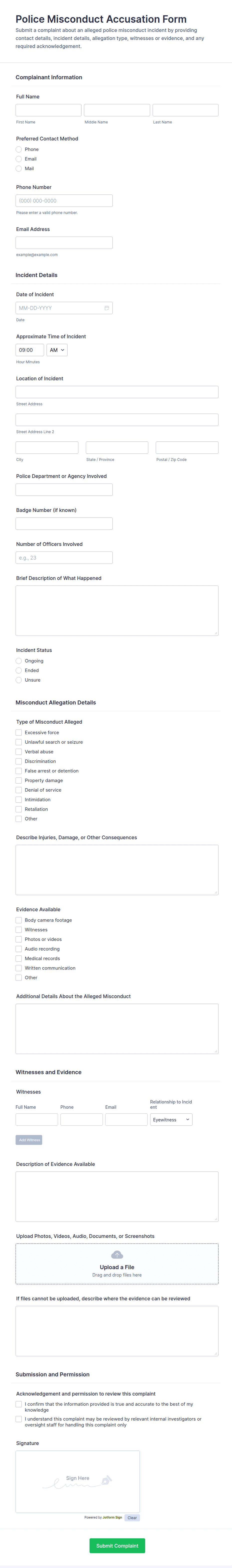 Police Misconduct Accusation Form Template | Jotform