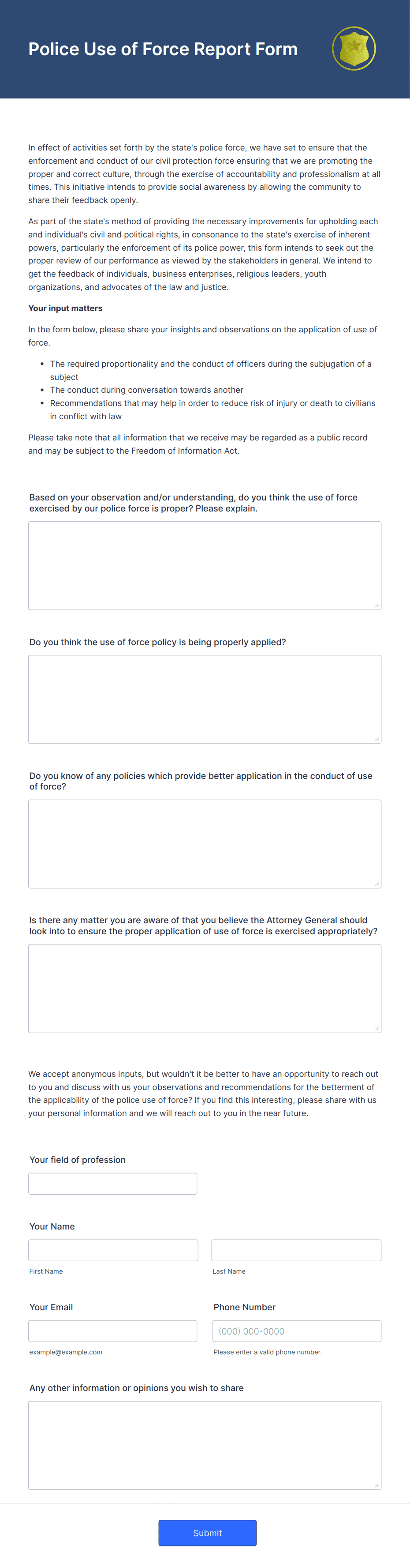 Police Use of Force Report Form Template | Jotform