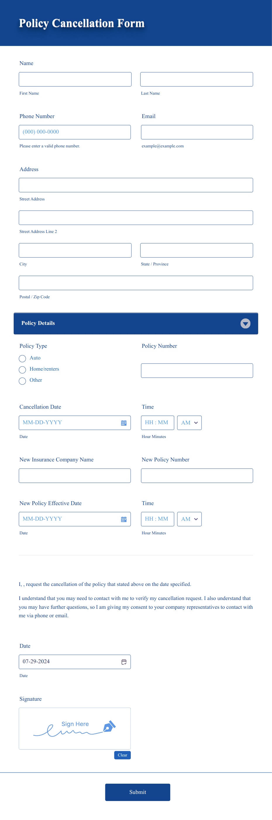 Policy Cancellation Form Template | Jotform