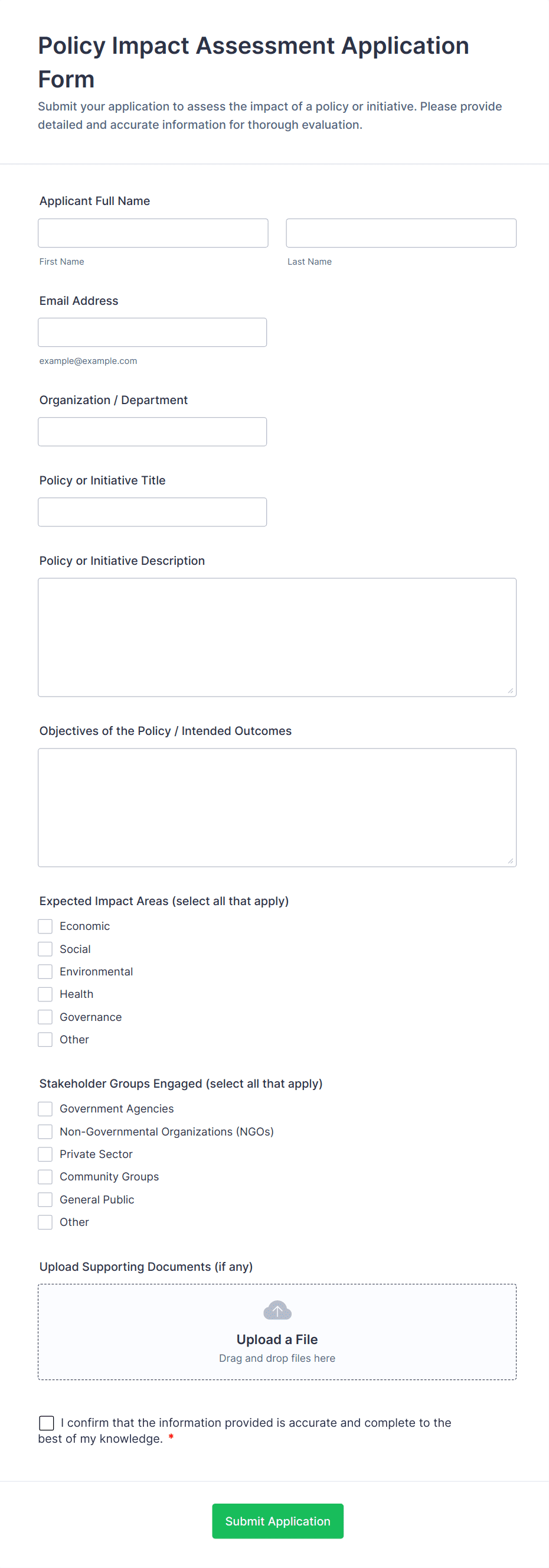 Policy Impact Assessment Application Form Template | Jotform