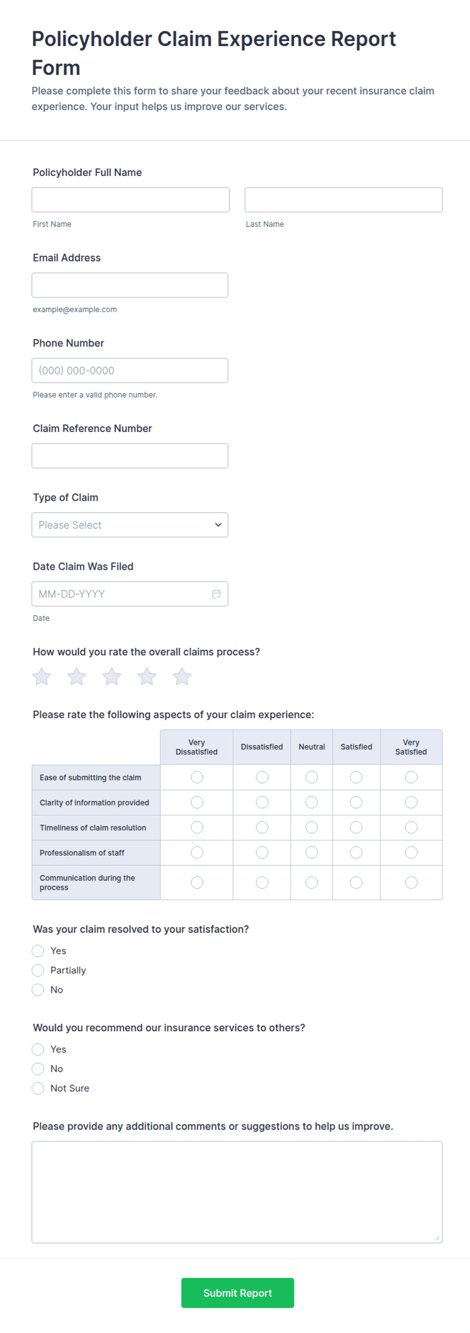 Policyholder Claim Experience Report Form Template | Jotform