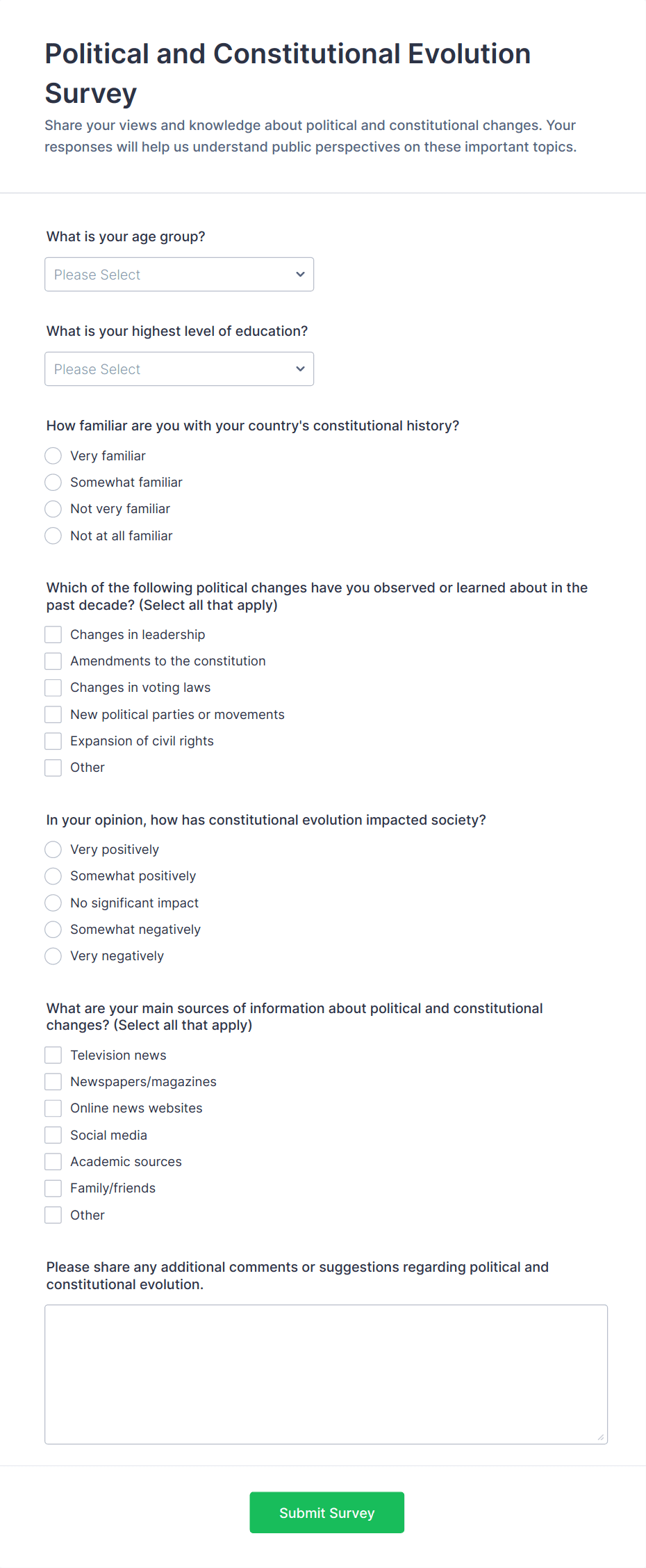Political and Constitutional Evolution Survey Form Template | Jotform