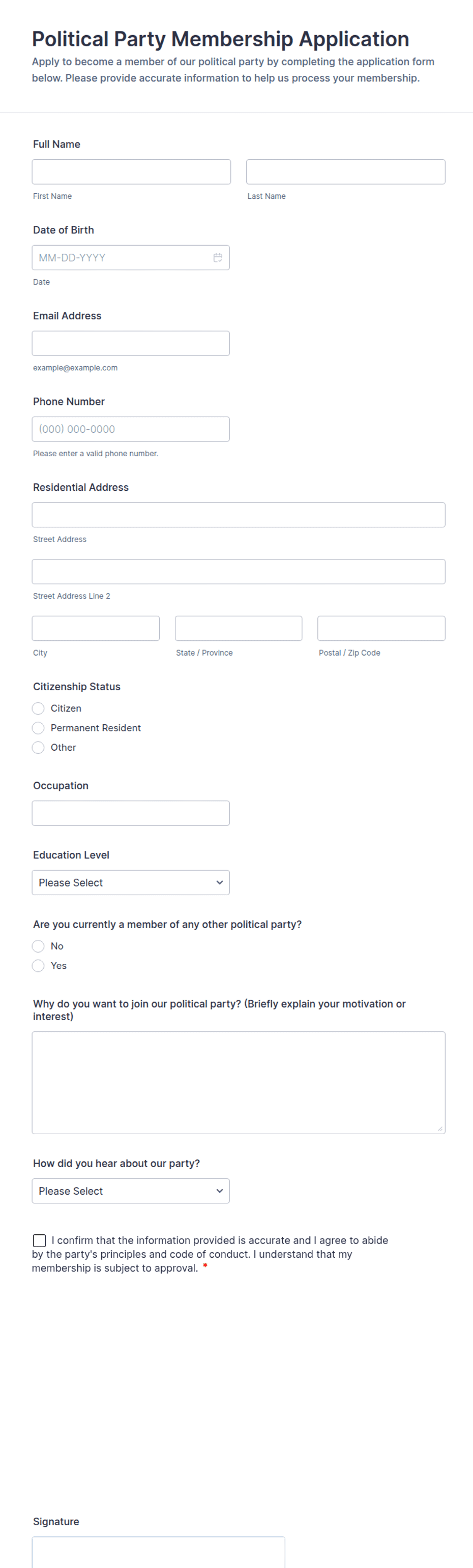 Political Party Membership Application Form Template | Jotform