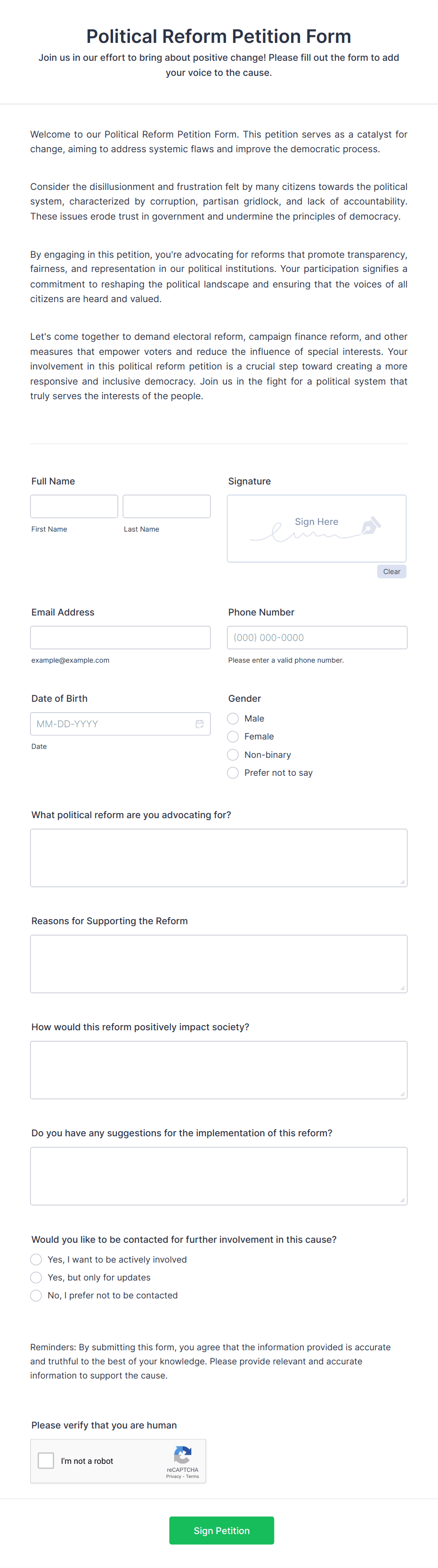 Political Reform Petition Form Template | Jotform