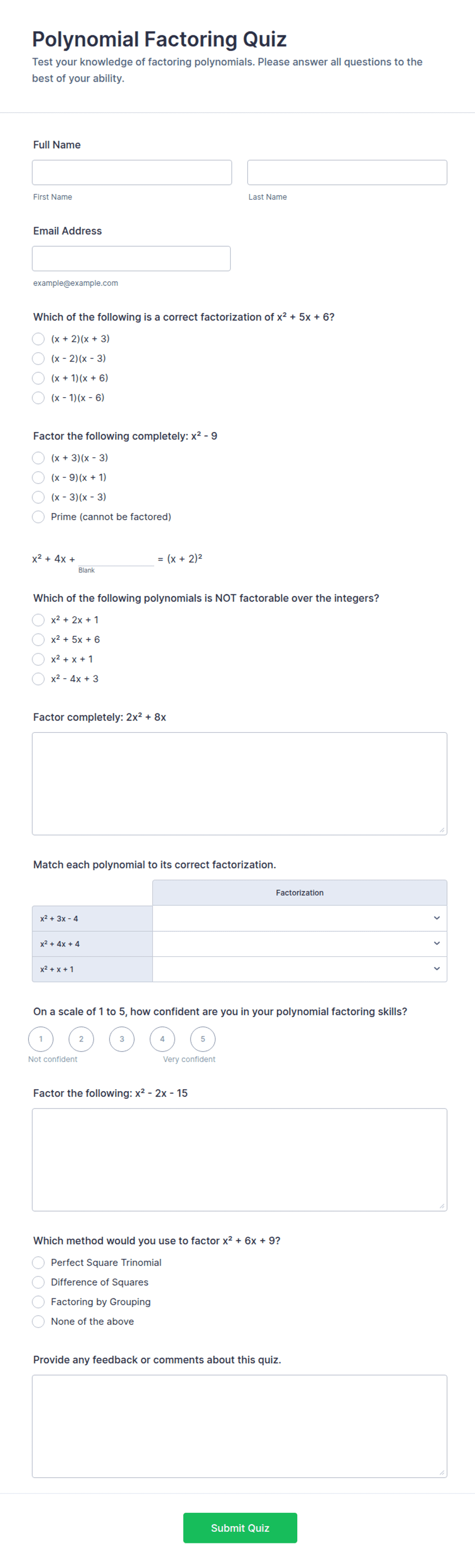 Polynomial Factoring Quiz Form Template | Jotform