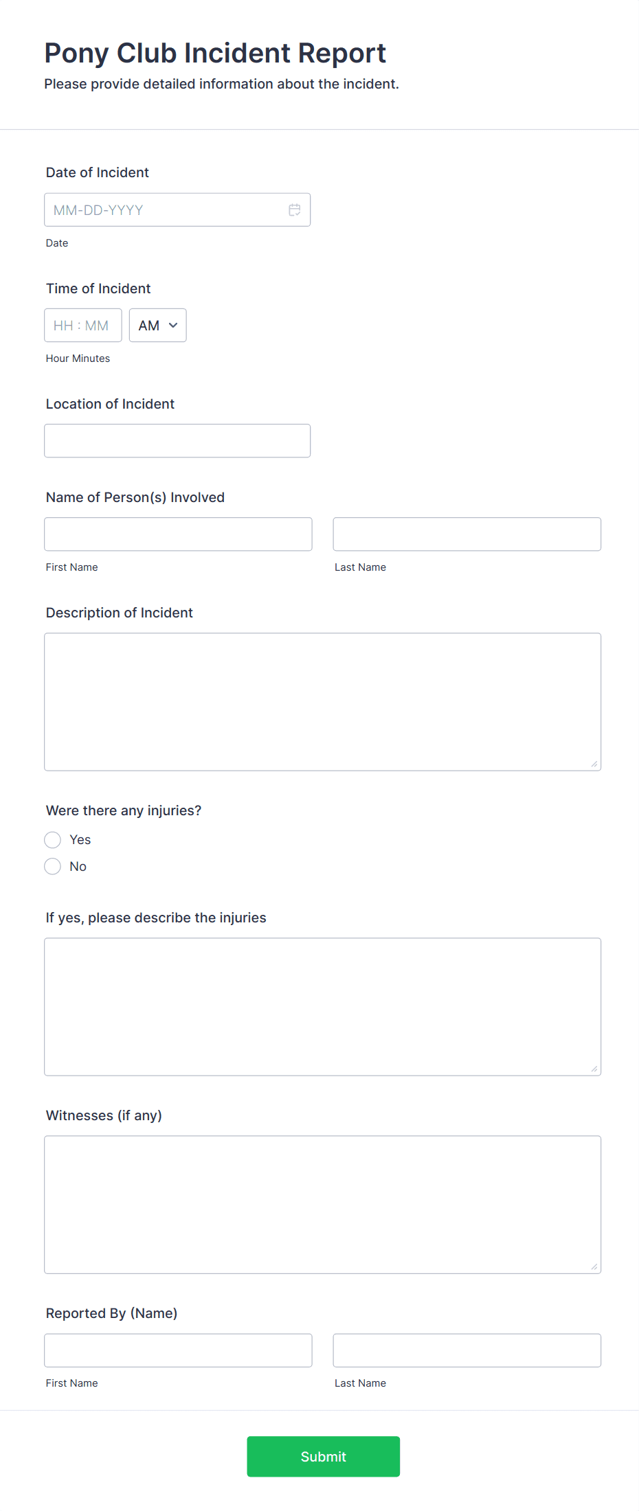 Pony Club Incident Report Form Template | Jotform