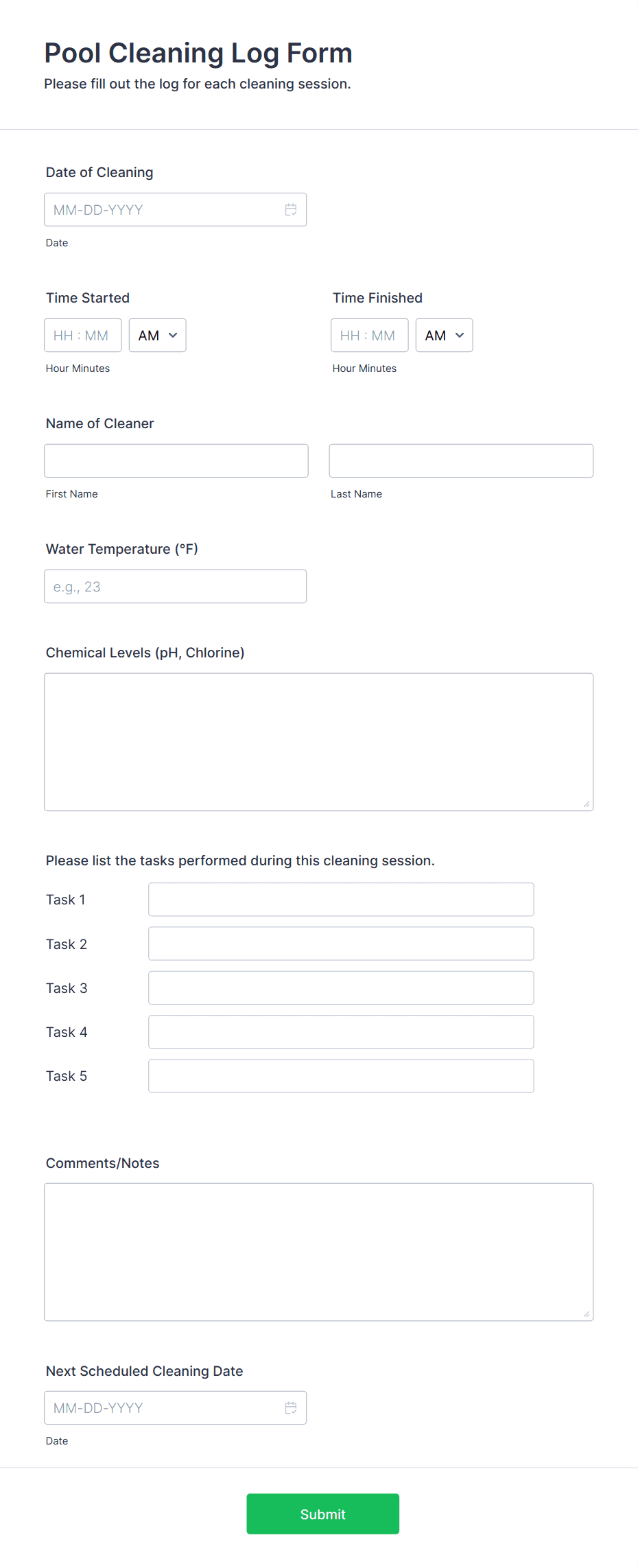 Pool Cleaning Log Form Template | Jotform