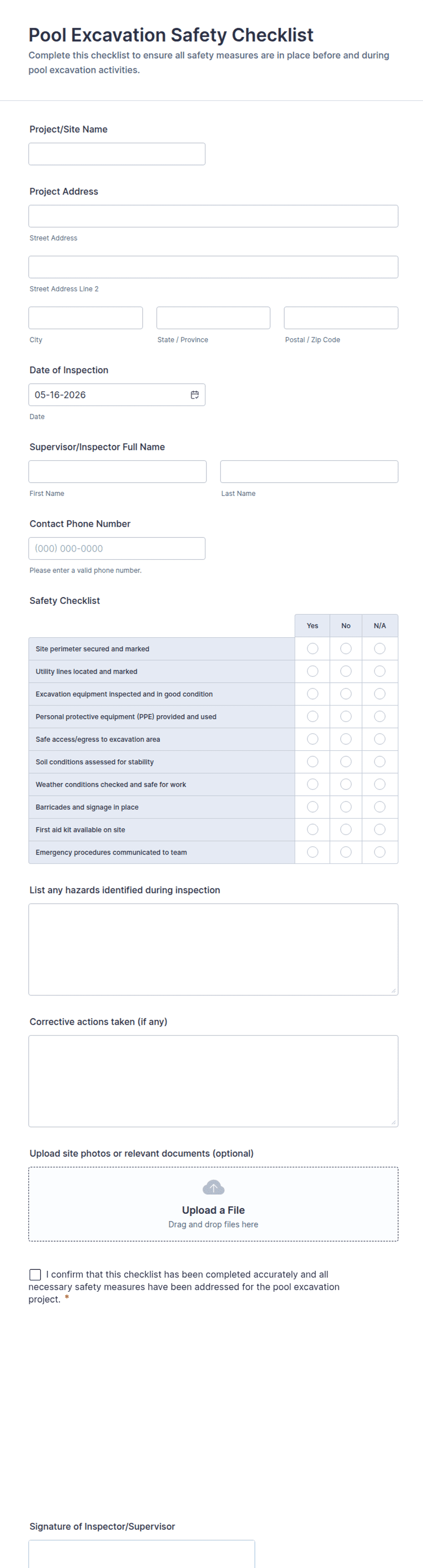 Pool Excavation Safety Checklist Form Template | Jotform