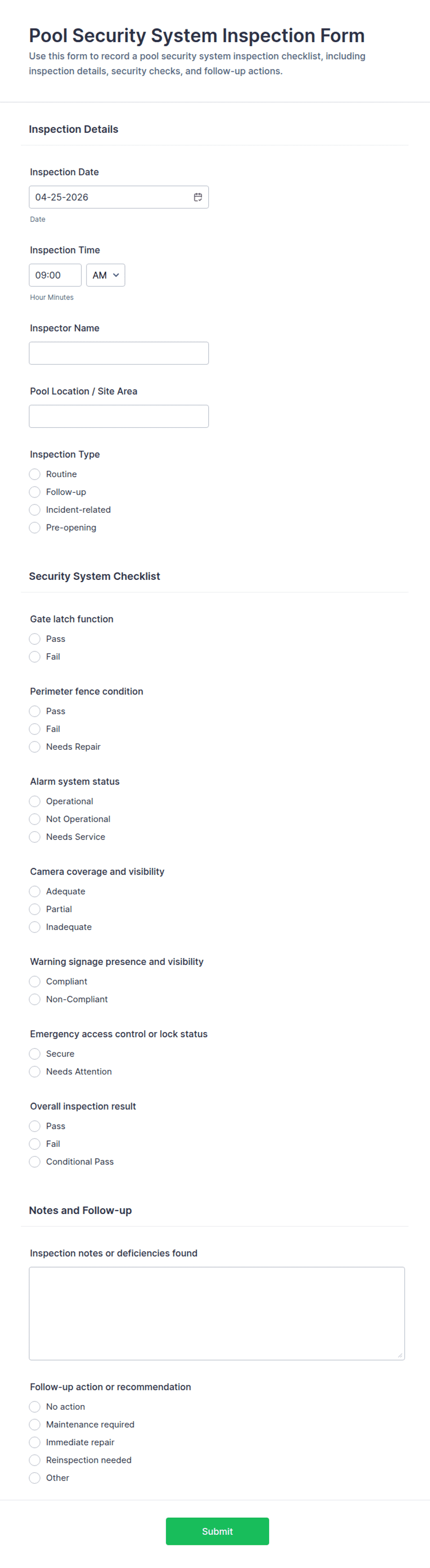 Pool Security System Inspection Checklist Form Template | Jotform