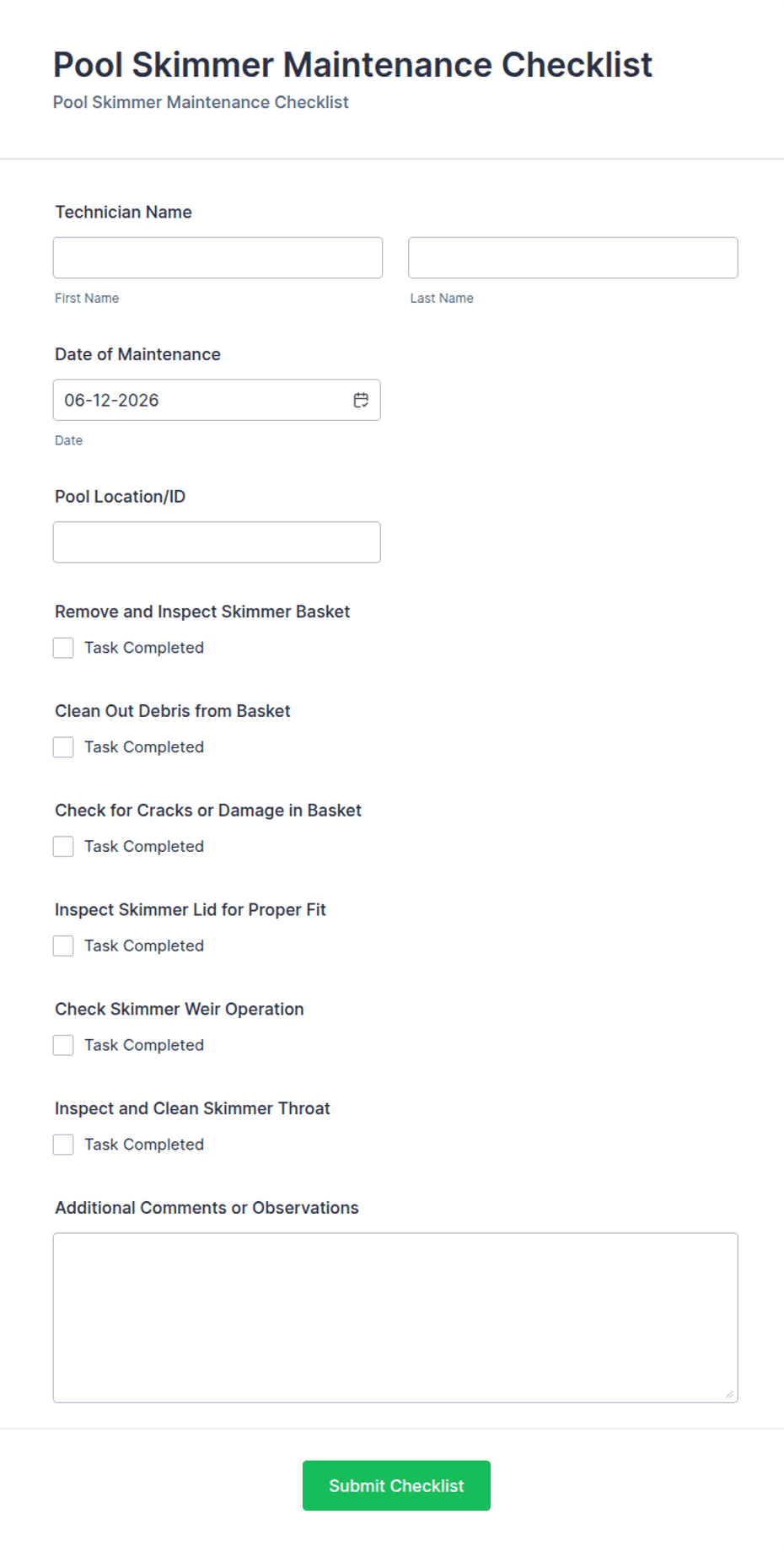 Pool Skimmer Maintenance Checklist Form Template | Jotform
