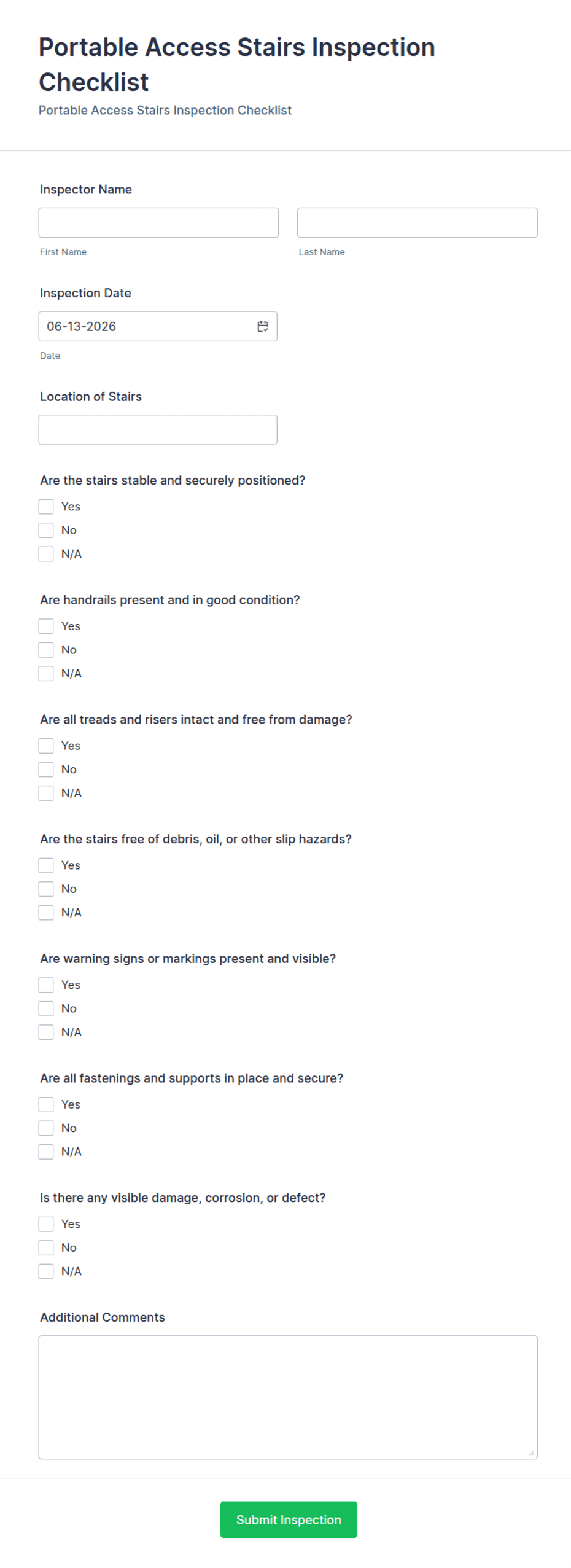Portable Access Stairs Inspection Checklist Form Template | Jotform