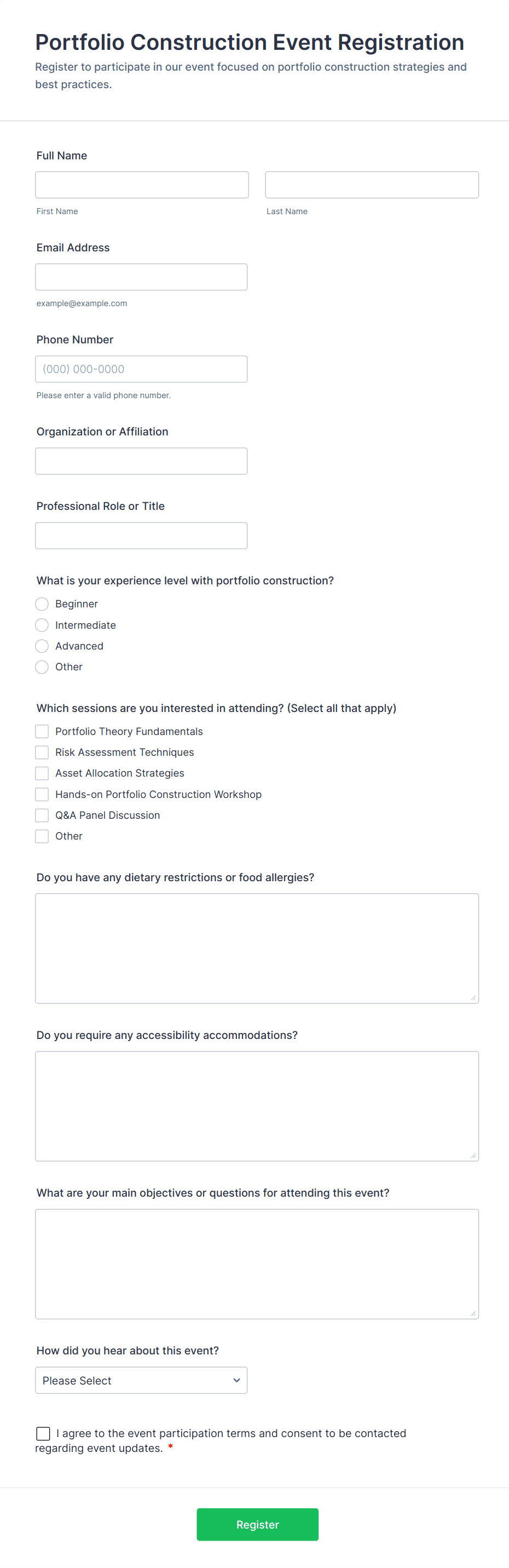 Portfolio Construction Event Registration Form Template | Jotform