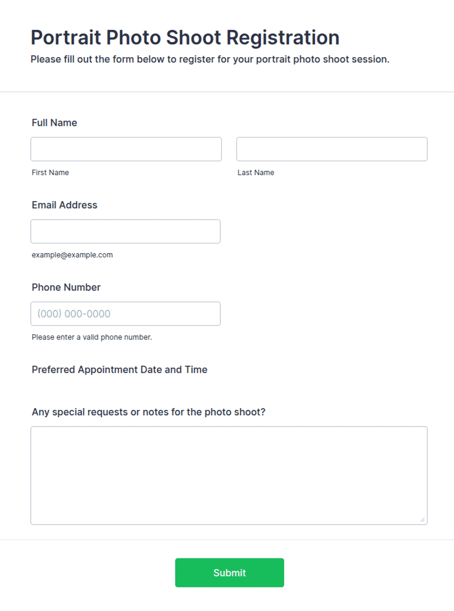 Portrait Photo Shoot Registration Form Template | Jotform