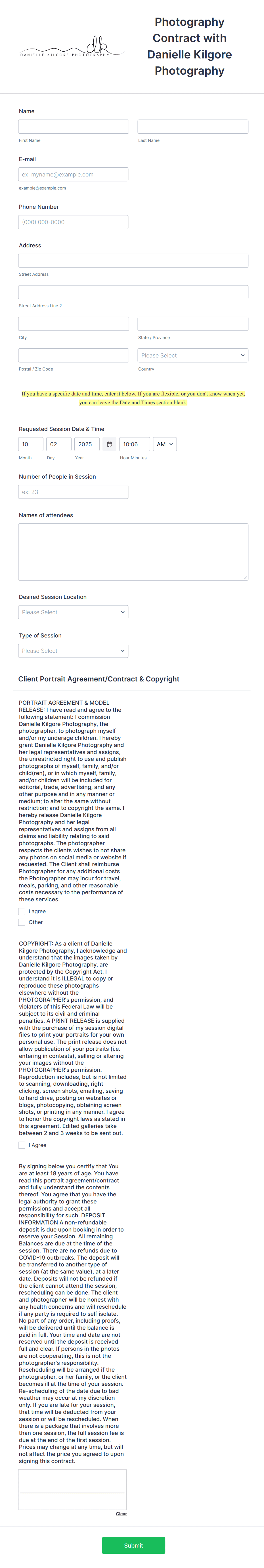 Portrait Photography Session Booking Form Template | Jotform