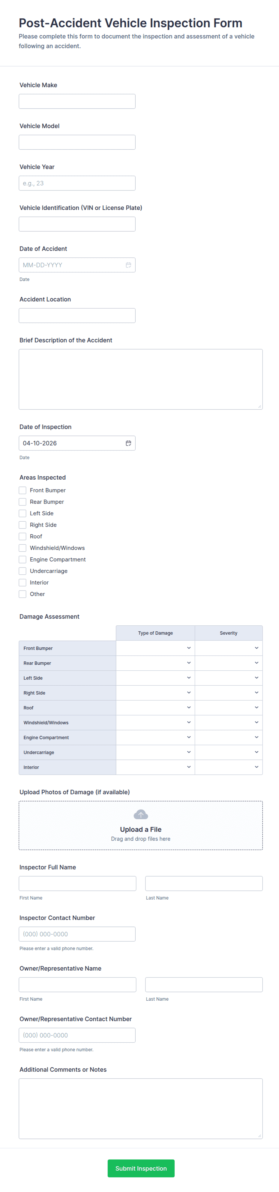 Post-Accident Vehicle Inspection Form Template | Jotform