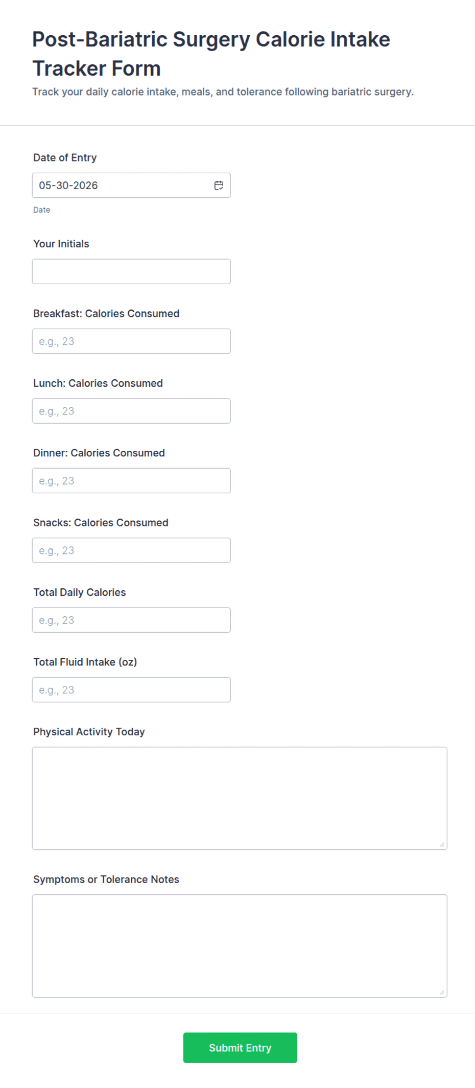 Post-Bariatric Surgery Calorie Intake Tracker Form Template | Jotform