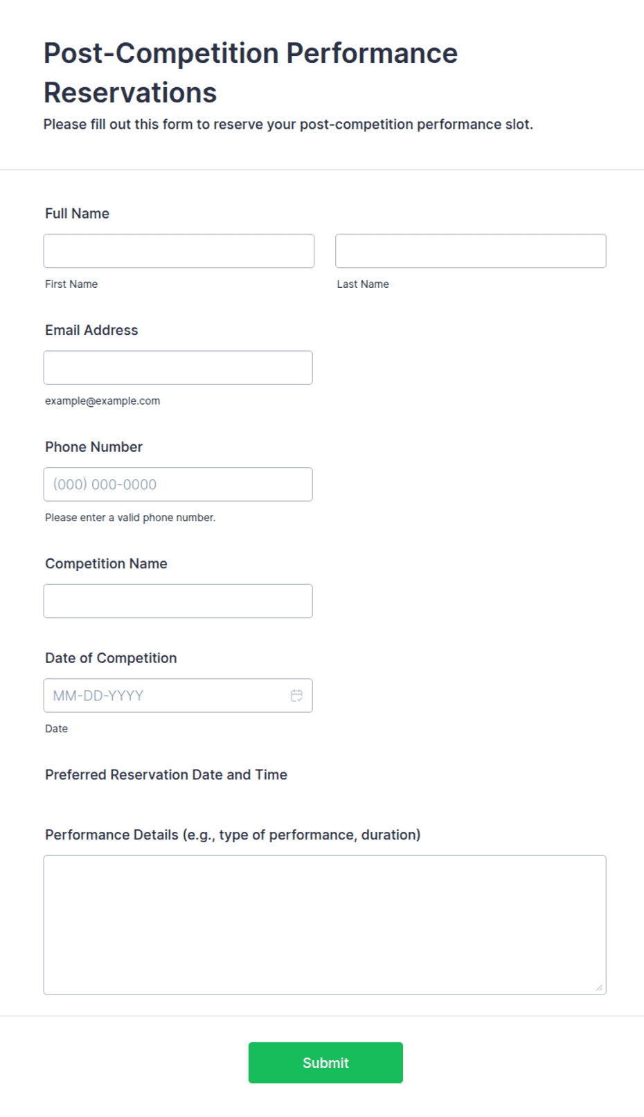 Post-Competition Performance Reservations Form Template | Jotform