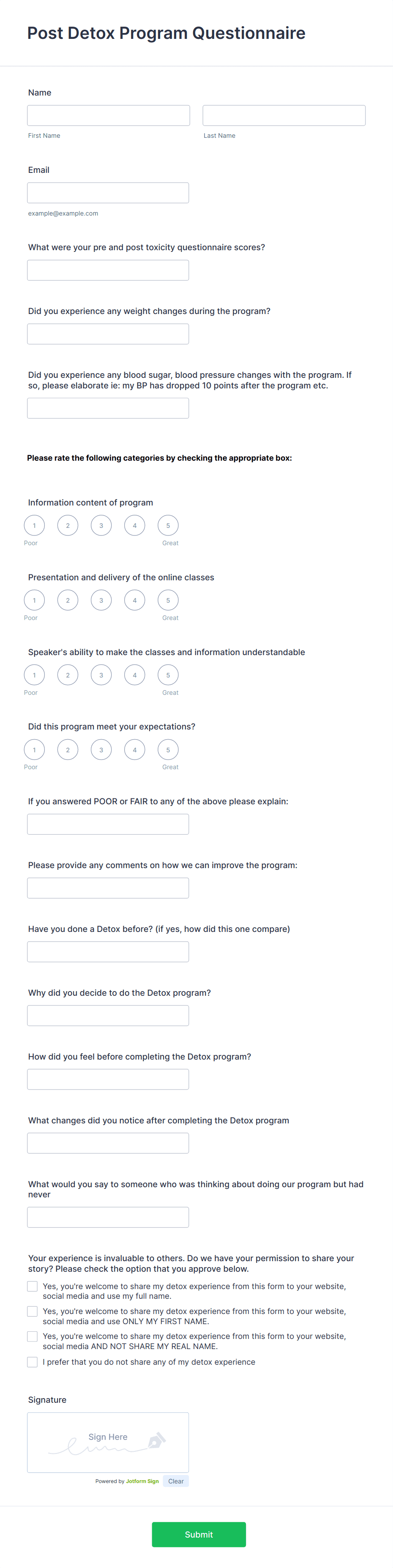 Post Detox Program Questionnaire Template Form Template | Jotform
