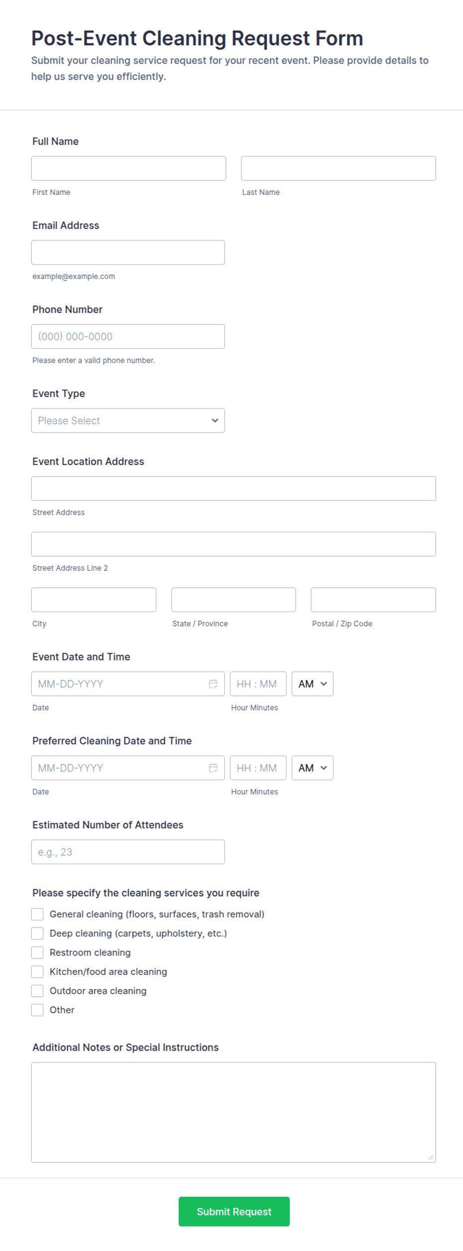 Post-Event Cleaning Request Form Template | Jotform