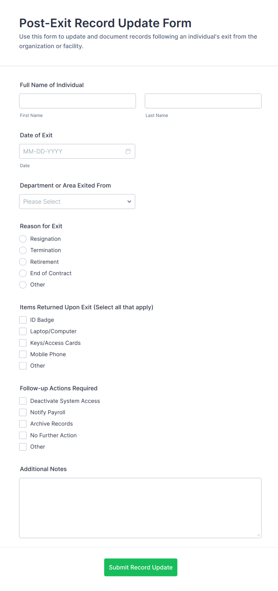 Post-Exit Record Update Form Template | Jotform