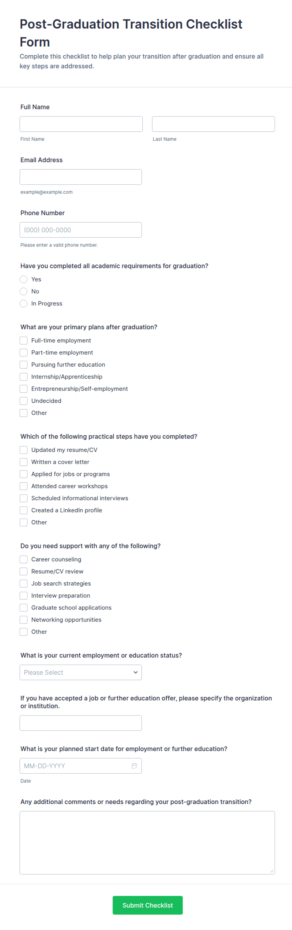 Post-Graduation Transition Checklist Form Template | Jotform