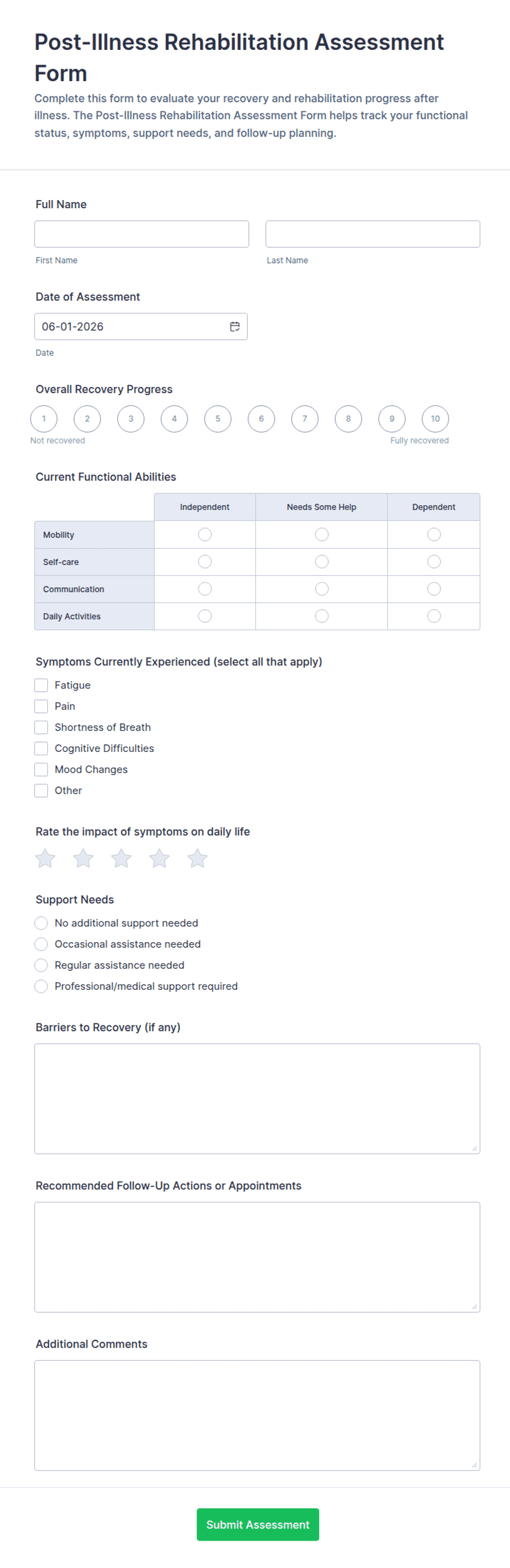 Post-Illness Rehabilitation Assessment Form Template | Jotform