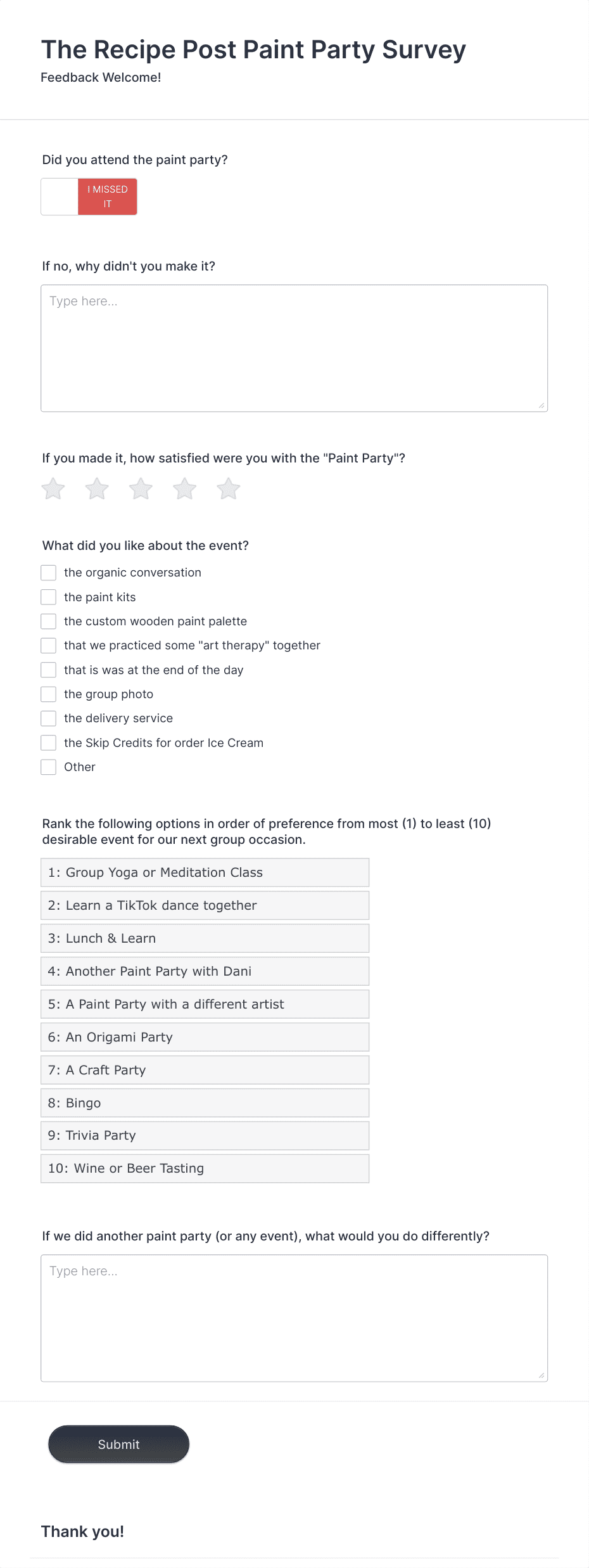 Post Party Feedback Form Template | Jotform