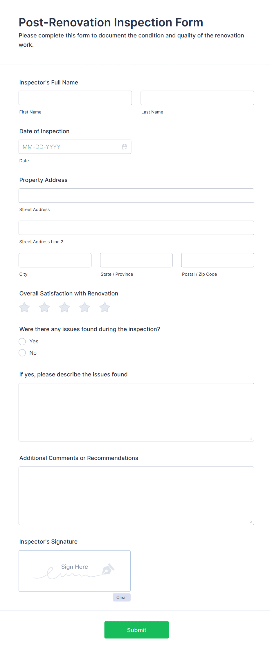 Post-Renovation Inspection Form Template | Jotform
