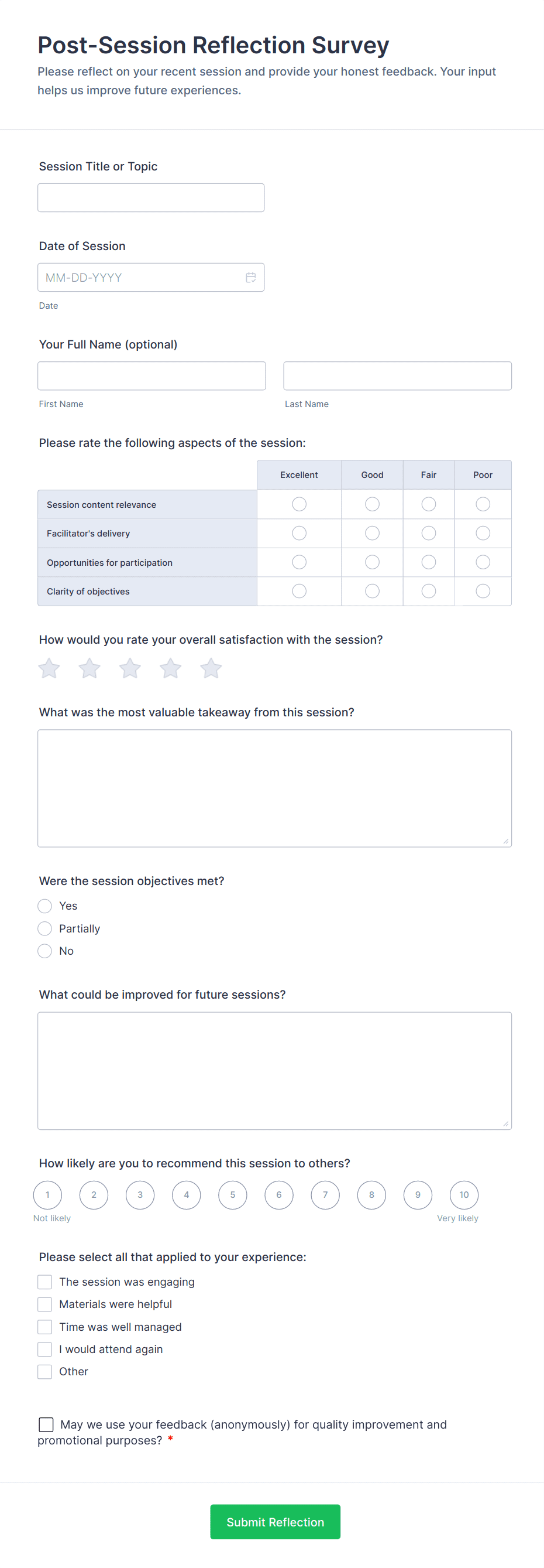 Post-Session Reflection Survey Form Template | Jotform