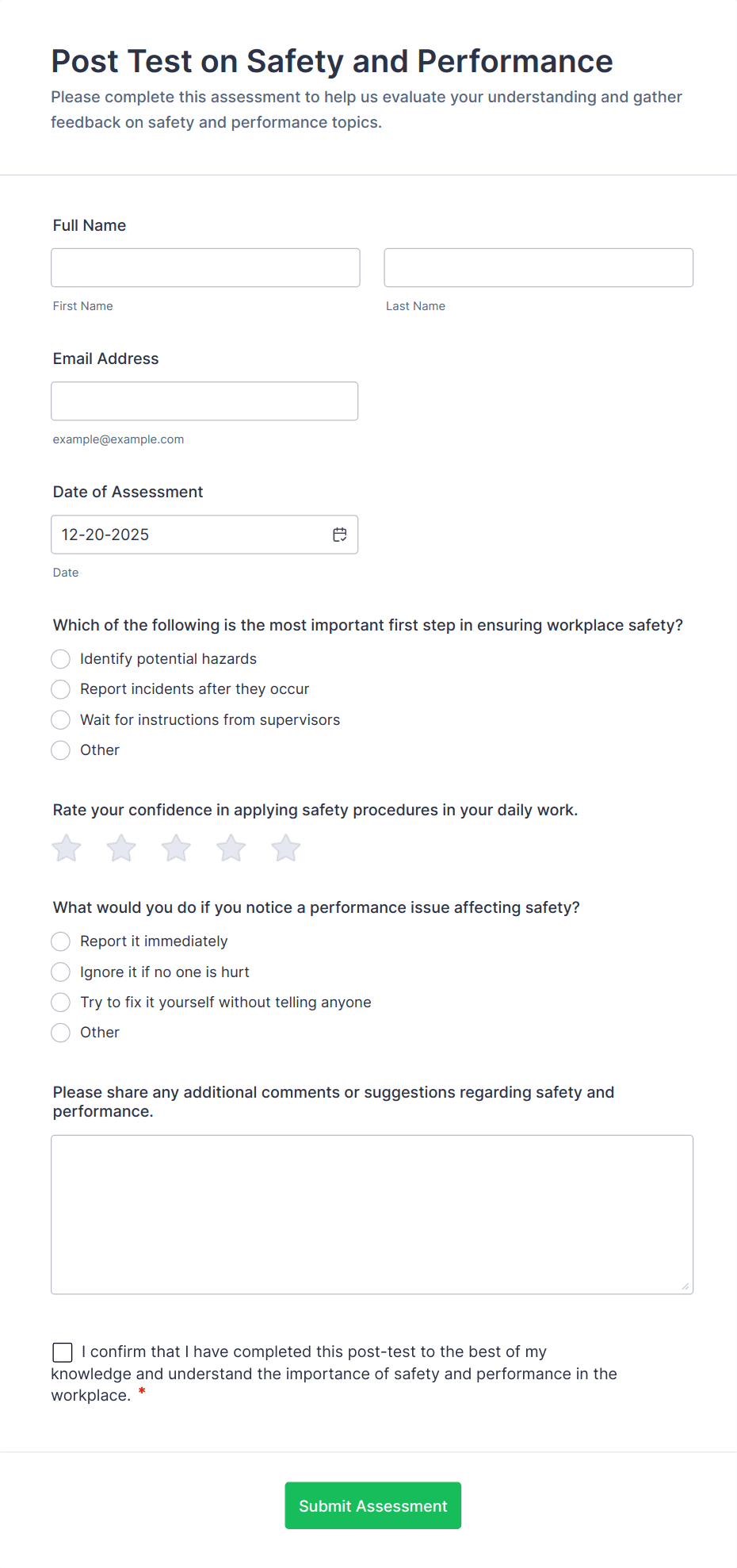 Post Test on Safety and Performance Form Template | Jotform