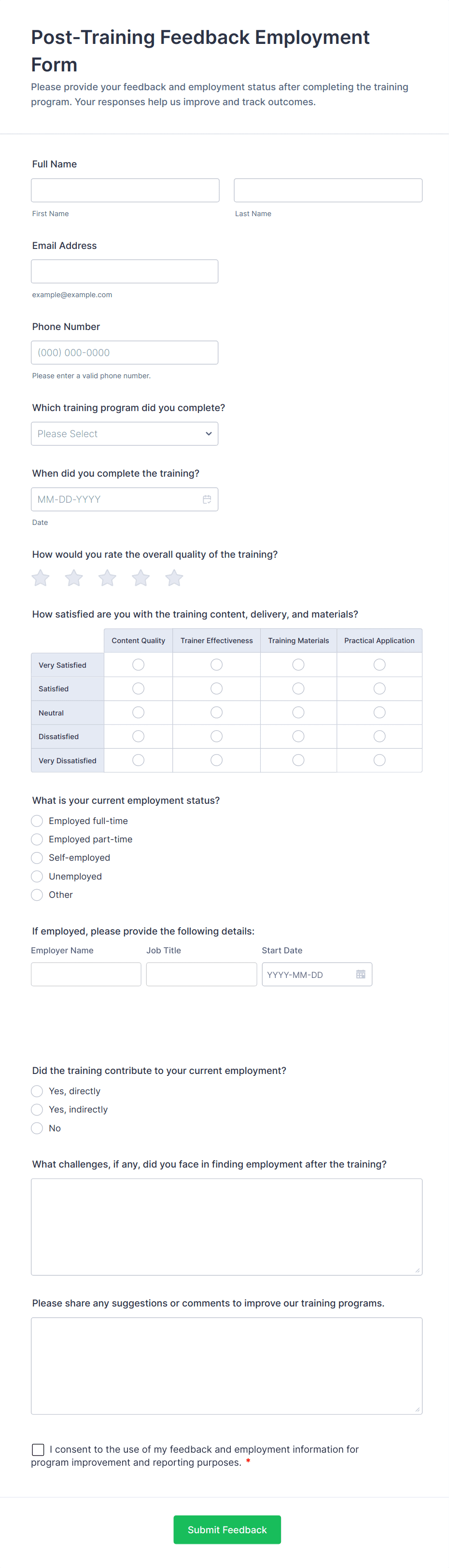 Post-Training Feedback Employment Form Template | Jotform