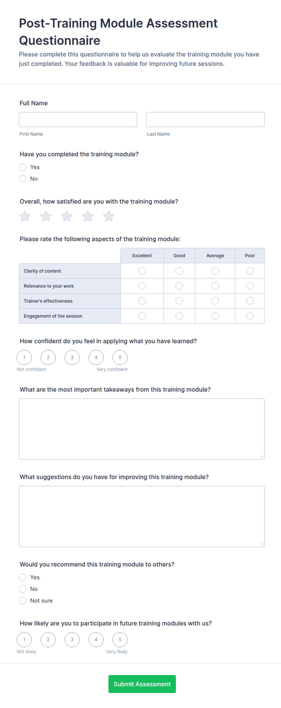 Post-Training Module Assessment Questionnaire Form Template | Jotform