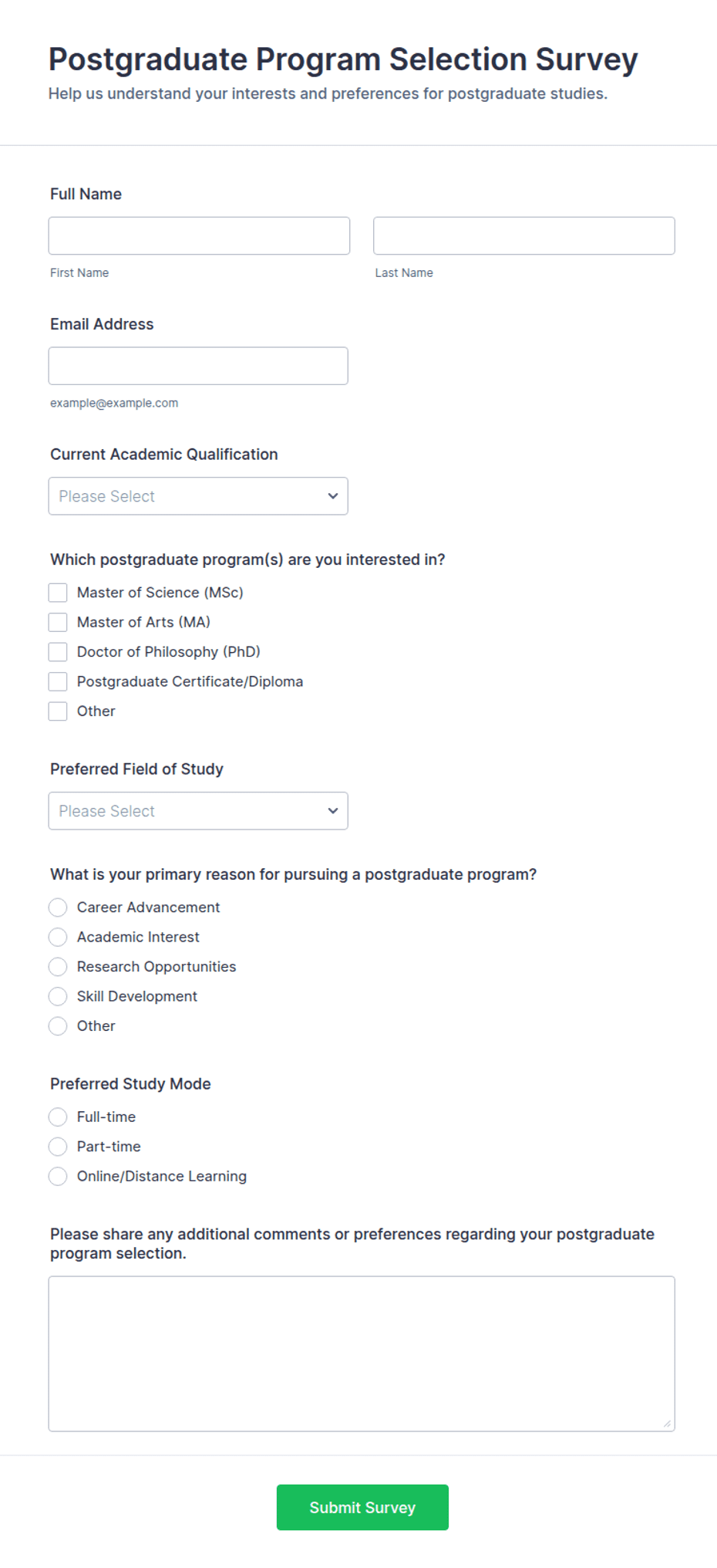 Postgraduate Program Selection Survey Form Template | Jotform